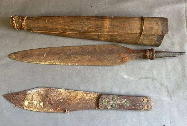 2 Iron Blades/Heads with Wood-Bound Sheath, approx 9” blades - Metzger ...