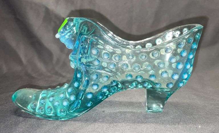 Unmarked Fenton Blue Glass Shoe Figurine with Hobnail Pattern and Bow ...