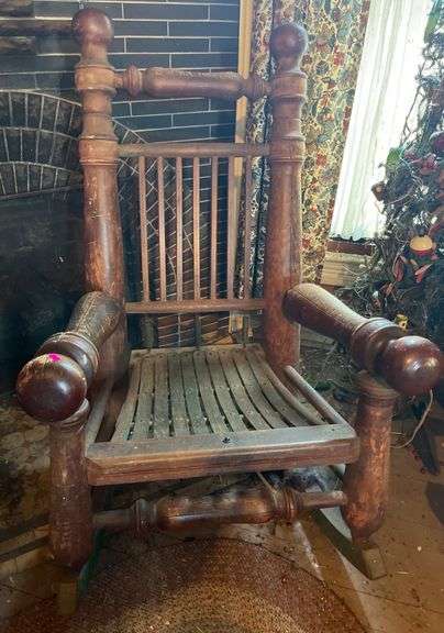 Carved Wood Rocking Chair with Turned Spindles and Finials, 30”x23 ...
