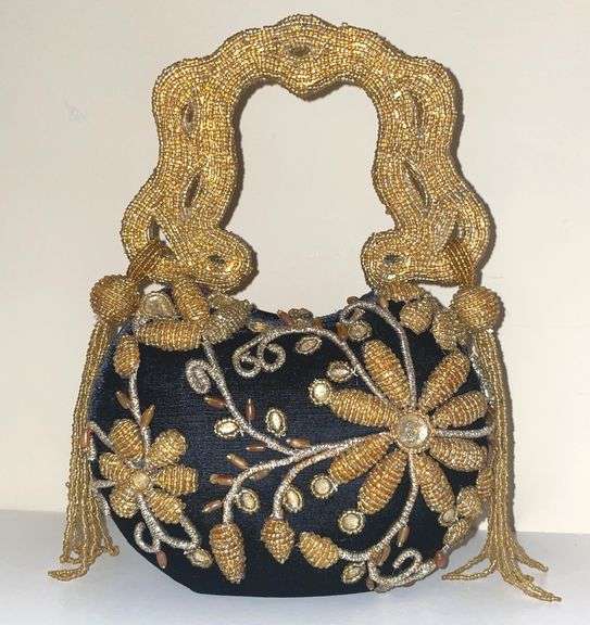 Mary Frances Black Fabric Handbag with Gold Beaded Handle and Floral ...