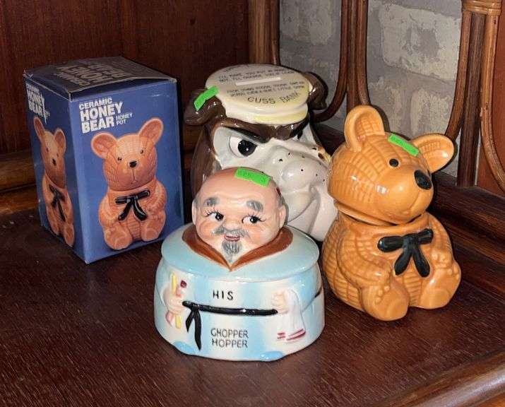 Honey Bear Honey Pot, Bulldog Cuss Bank, and Chopper Hopper Jar ...