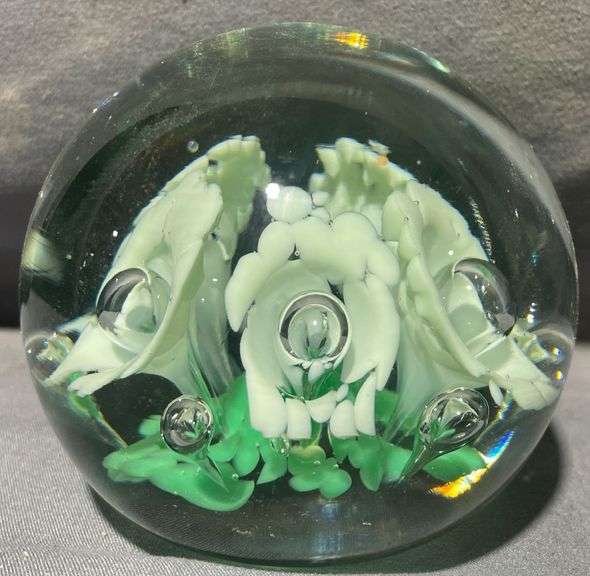 Clear Glass Paperweight with Encased Floral and Bubble Design 3.5 ...