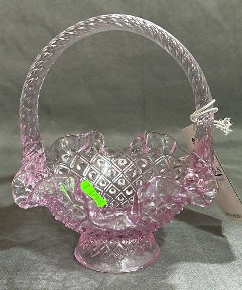 Fenton Pink Glass Basket with Diamond Pattern and Twisted Handle 5 ...
