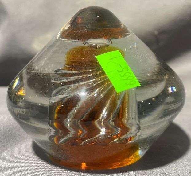 Clear Glass Paperweight With Amber Swirl Design 3.5” - Metzger Property ...