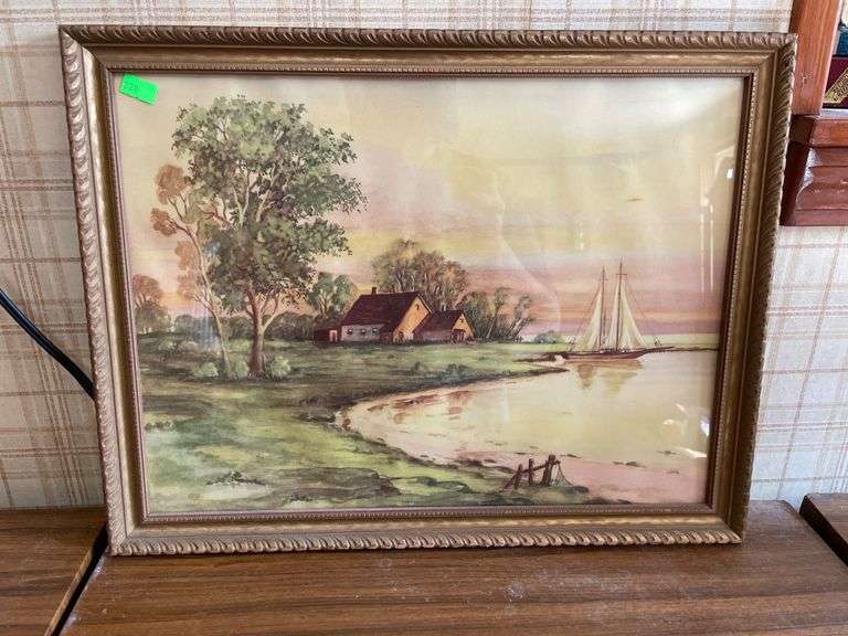 Framed Landscape Print Depicting Lakeside Scene with Sailboats17.5”x13 ...