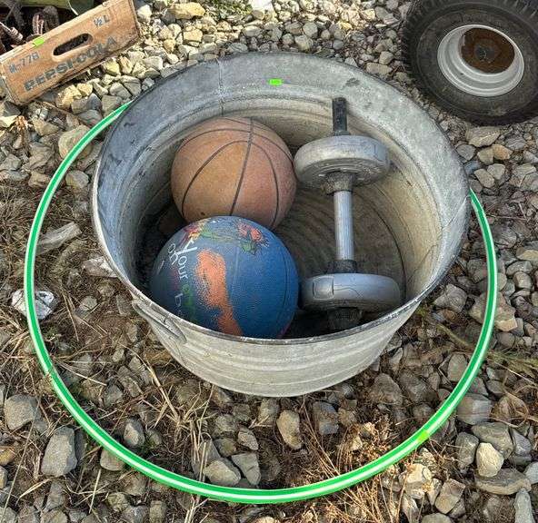 Galvanized Metal Tub with Basketball, Globe Ball, Dumbbell, and Hula ...