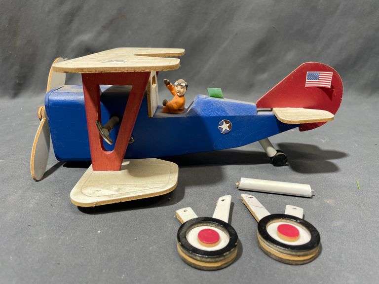 Handcrafted Biplane Model with Wheels and Pilot Figure (wheels need ...