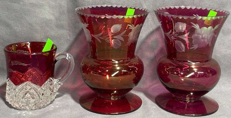 Two Ruby Flashed Glass Vases and Cup with Engraved and Cut Details 3”-5 ...