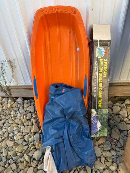Orange Plastic Sled, Nylon Dome Tent, and Inflatable Float - Metzger ...