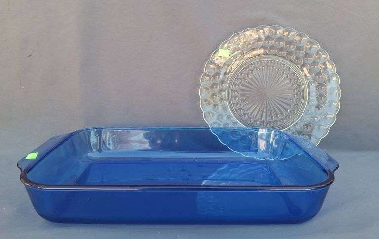 Blue Pyrex Baking Dish and Clear Glass Plate with Scalloped Design 9 ...