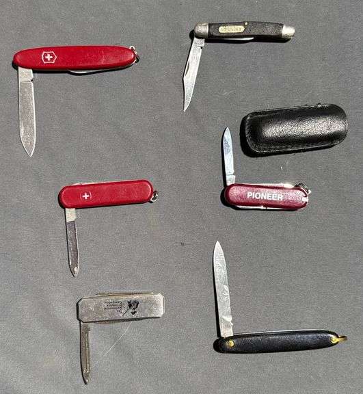 (6) Folding Pocket Knives Inc Swiss Army and Pioneer Models 2.5”-3.5 ...