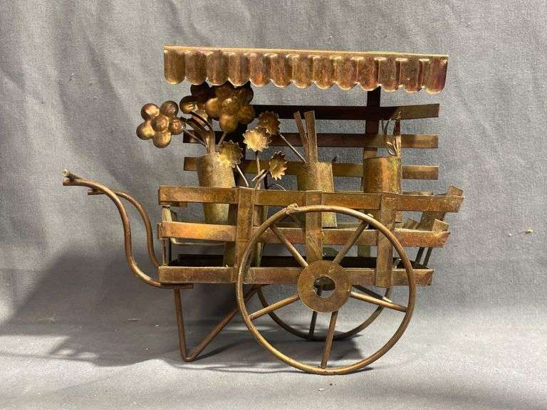 Tin Decorative Cart with Flower Accents and Movable Wheels 7”x3”x6 ...
