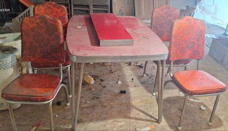 Retro Metal Frame Dining Table with Red Laminate Top, leaf and 4 ...