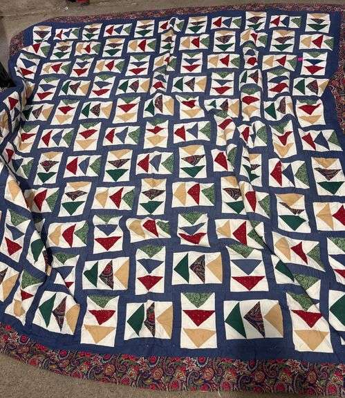 Hand-Stitched Quilt with Geometric Patterns, 82×80″ - Metzger Property ...