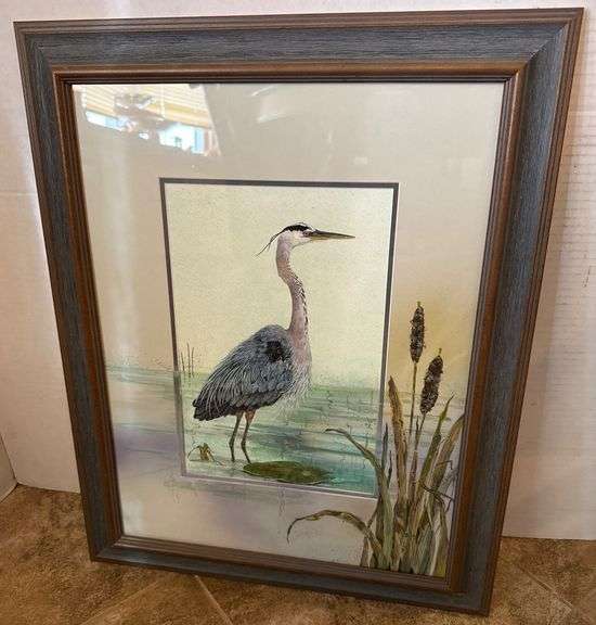 Framed Watercolor of Heron by Cyndy Callog, 23”x18” - Metzger Property ...