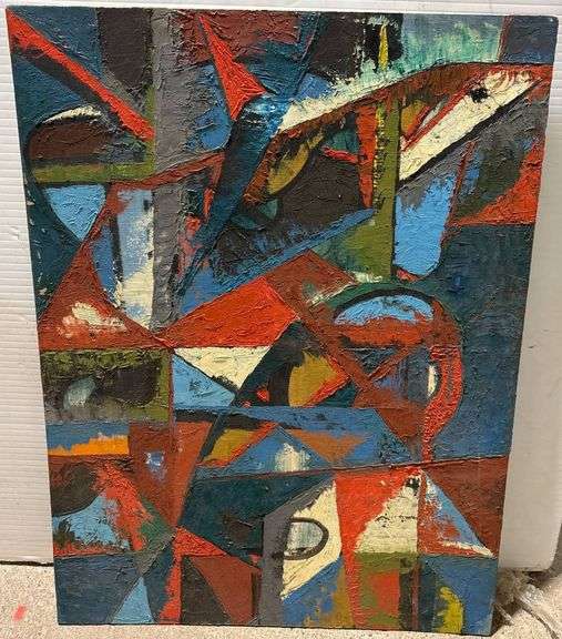 Abstract Acrylic Painting on Hardboard with Multicolored Geometric ...