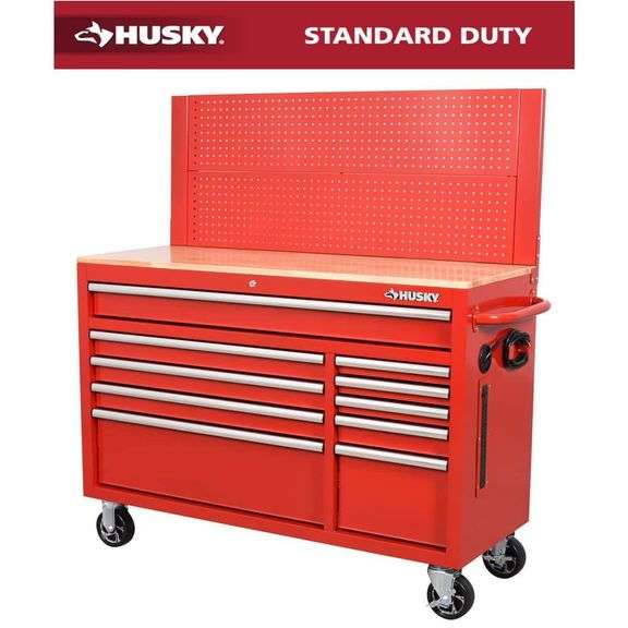 HUSKY - 52 in. W 10-Drawer Gloss Red Mobile Workbench Cabinet with ...