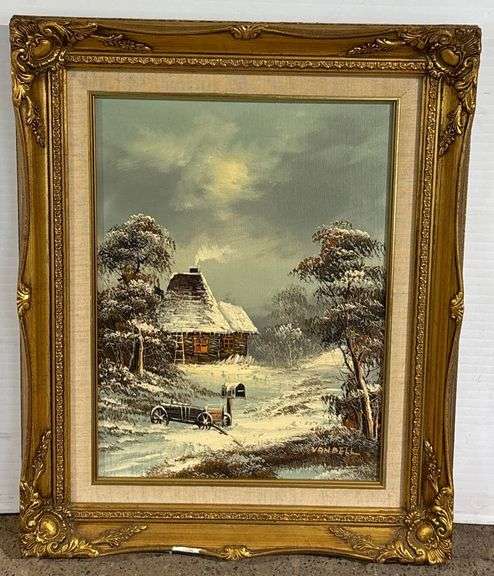 Framed Oil Painting by Van Bell Depicting a Snowy Cabin Scene 17”x22.5 ...