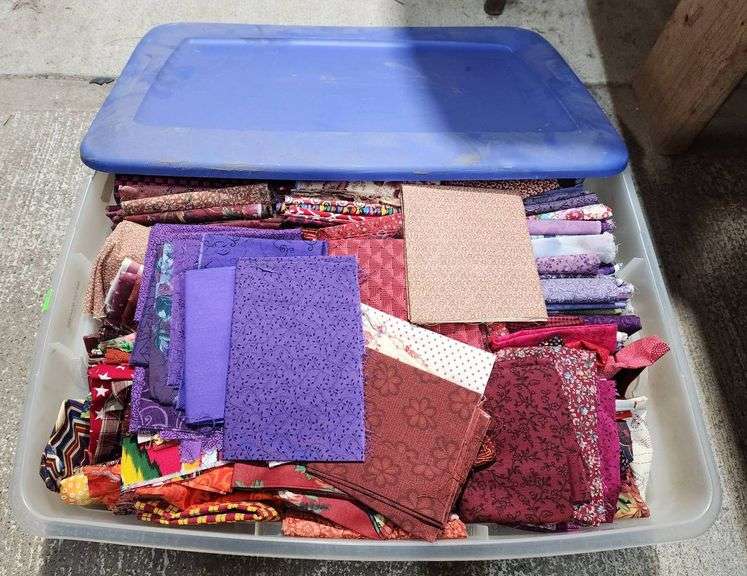 Plastic Storage Bin with Fabric Pieces in Various Colors and Patterns ...
