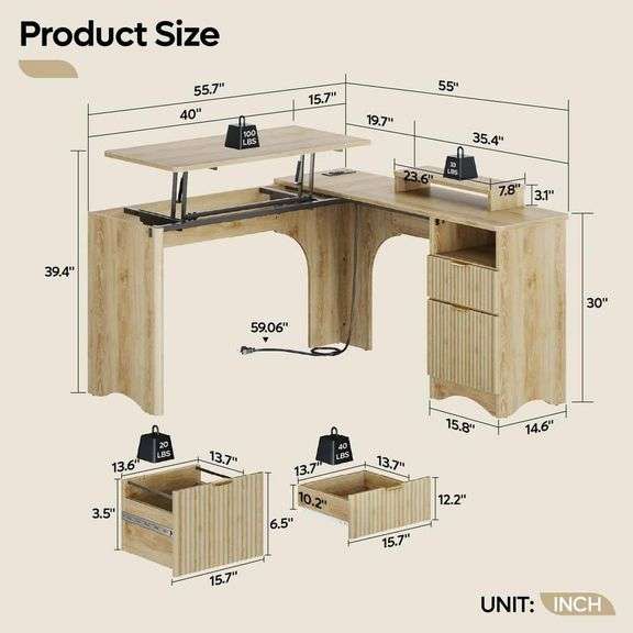 - 55 in. Natural 2-Storage Drawers L-Shaped Computer Desk with Power ...