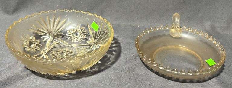 Pressed Glass Bowl and Handled Dish with Beaded Rim, 7” x 7” & 6” x 7.5 ...