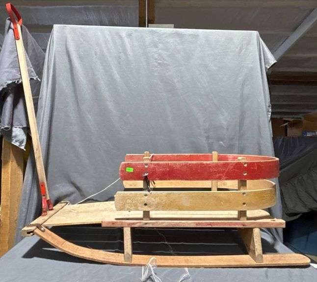 Two-Tone Red and Natural Wooden Snow Sled with Pull Handle 35”x 15”x 13 ...