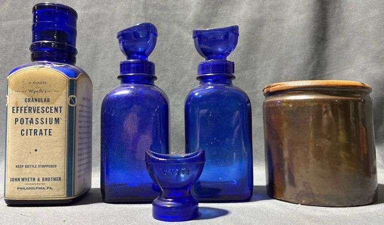 Cobalt Blue Glass Bottles, Eye Wash, and Brown Ceramic Jar - Metzger ...