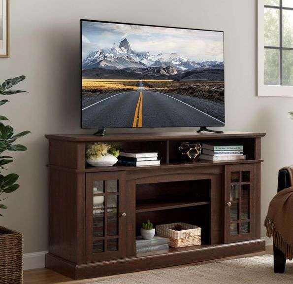 Traditional American Country Style TV Stand with Glass Doors, 58″ W ...