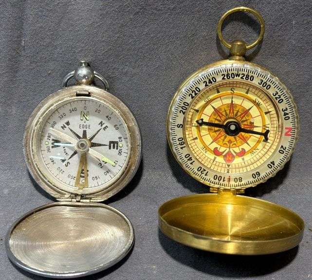 2 – Metal Pocket Compasses with Hinged Lids, Brass & Silver-Tone ...