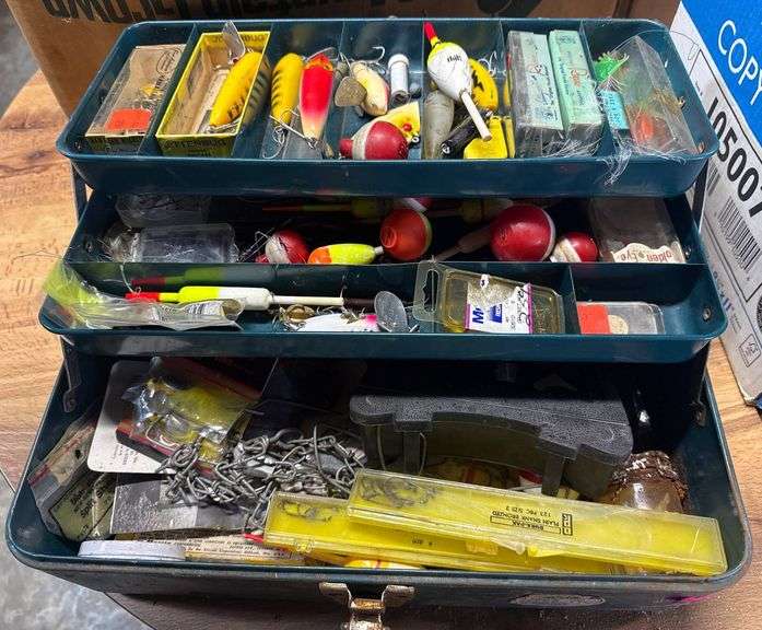 Metal Tackle Box With Fishing Lures, Bobbers, Hooks, And Accessories ...