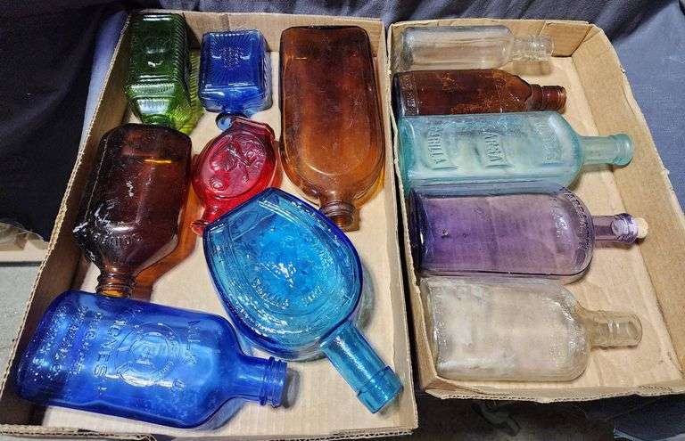 12 Colored Glass Bottles with Embossed Details, 5″-9″ - Metzger ...