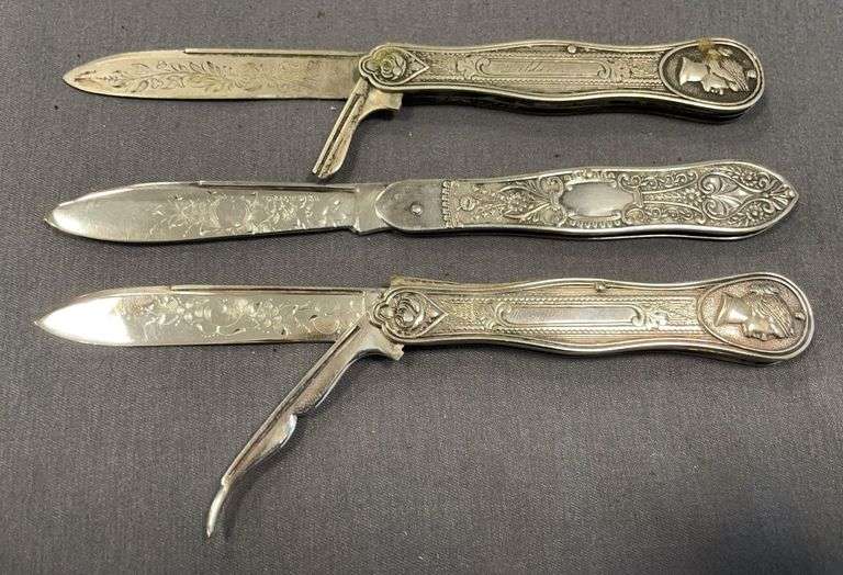 3 Engraved Pocket Knives, One Blade marked “Rogers XII”, other Knives ...