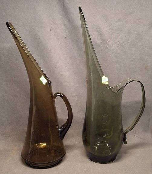 2 – Viking Glass Pitchers in Amber and Green Tones 14″ & 15.5″ Hgt ...