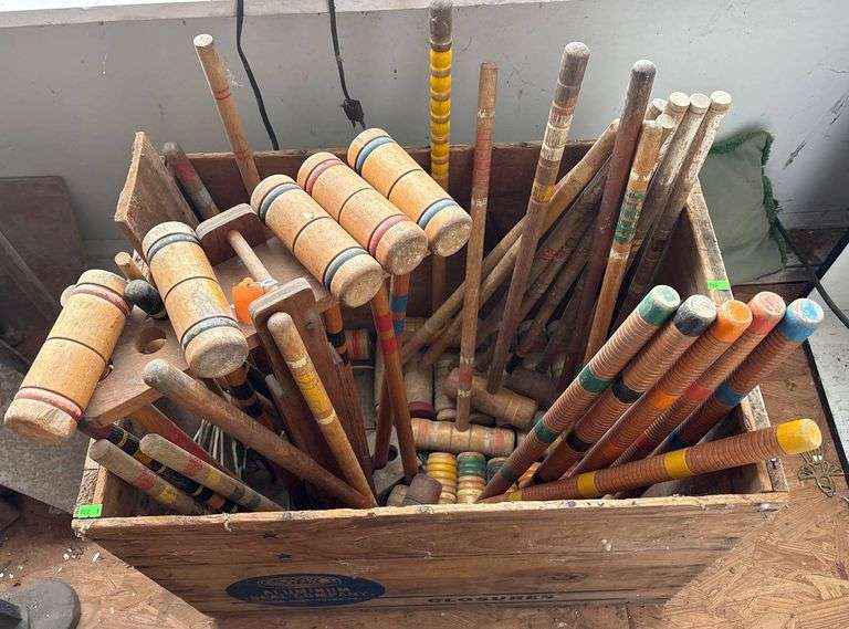 Croquet Mallets, Balls, and Accessories in a Wooden Crate 27x19x19 ...