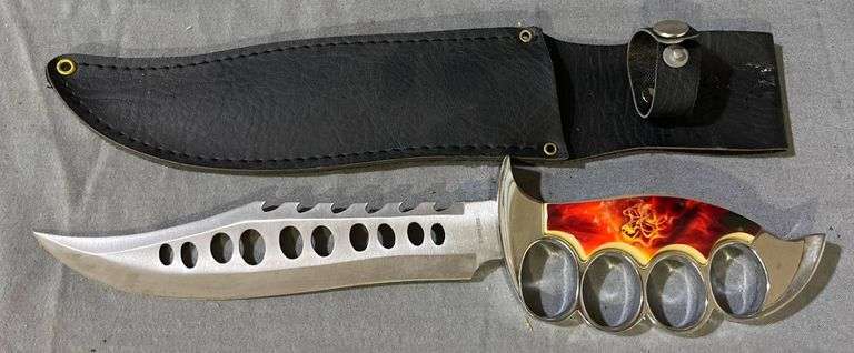 Stainless Steel Fixed Blade Knife with Knuckle Guard and Leather Sheath ...