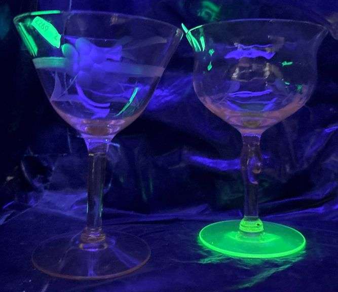 Two Etched Glass Stemware Goblets, One with Uranium Glass Base in the ...