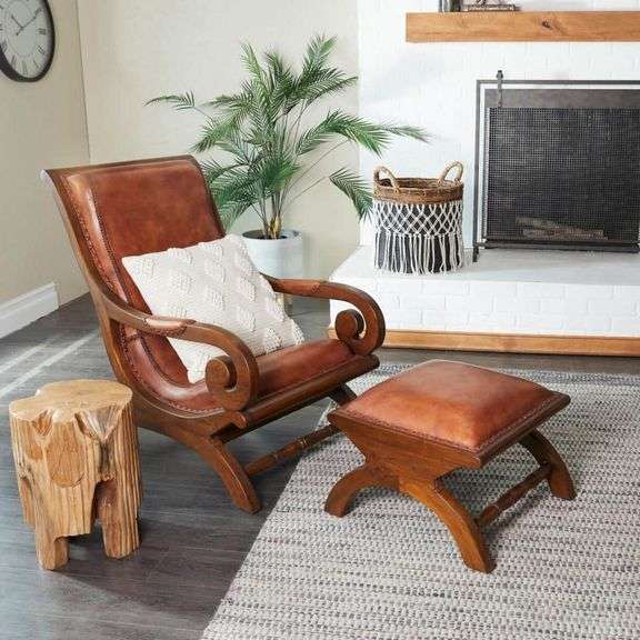 LITTON LANE - Jones Brown Upholstered Leather Teak Wood Accent Chair ...