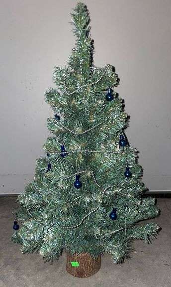 Artificial Pine Christmas Tree w/ Blue Ornaments & Garland, 24”H ...