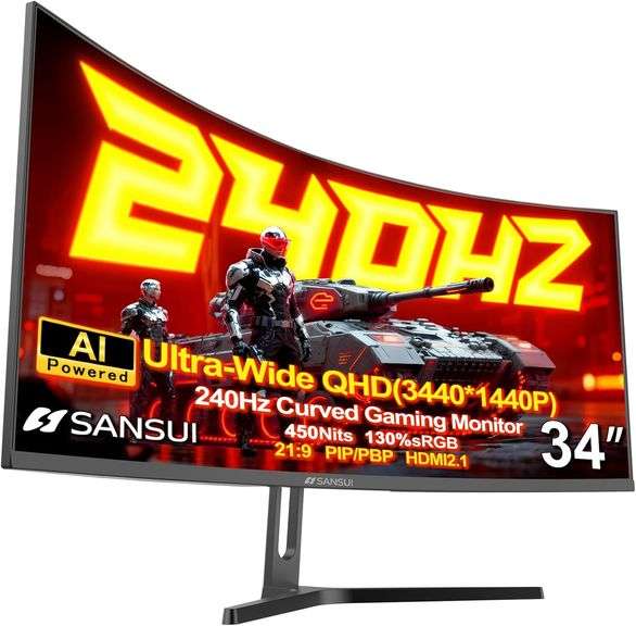 SANSUI - SANSUI 34 Inch 240Hz Ultrawide Curved Gaming Monitor UWQHD ...