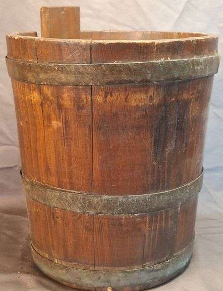 19th Century Wood Staved Bucket 9″x10″ (one board out of place, signs ...