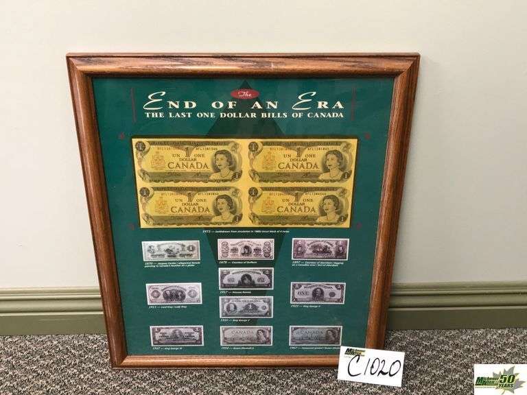 CANADIAN END OF AN ERA ONE DOLLAR BILLS OF CANADA FRAMED SET w/ 4 UNCUT ...