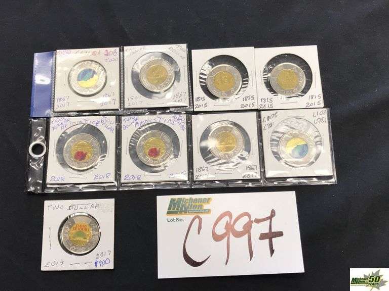 9 2015-2019 CANADIAN $2.00 COLORED COINS - Michener Allen Auctioneering Ltd