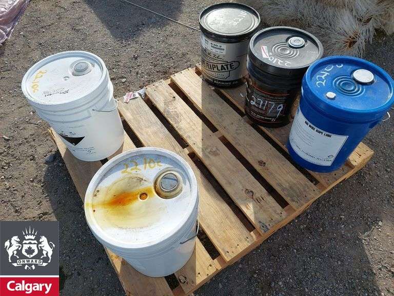 Pallet Containing 1 Pail Caustic Soda, 1 Pail Novamet 900 Coolant, 1 ...