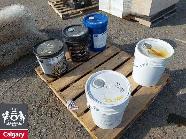 Pallet Containing 1 Pail Caustic Soda, 1 Pail Novamet 900 Coolant, 1 ...