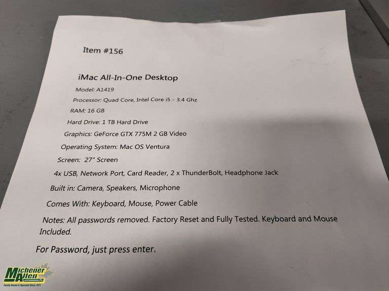 IMac All-In-One Desktop Computer *Specs in Pics* - Qty 1 - Michener ...