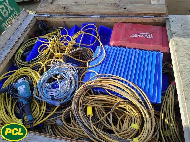 Crate with Assorted Tools, Power Cords, Plastic Bins - Michener Allen ...