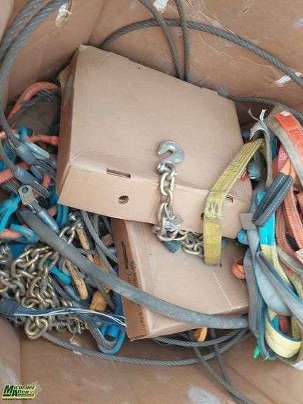 Crate of Assorted Lifting Slings, (Cloth, Chain, Wire Rope) and Nylon ...