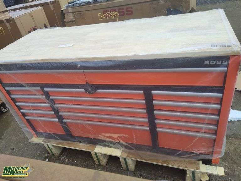 Unused Boss 16 Drawer Rolling Workbench Tool Box with Peg Board & Tools ...