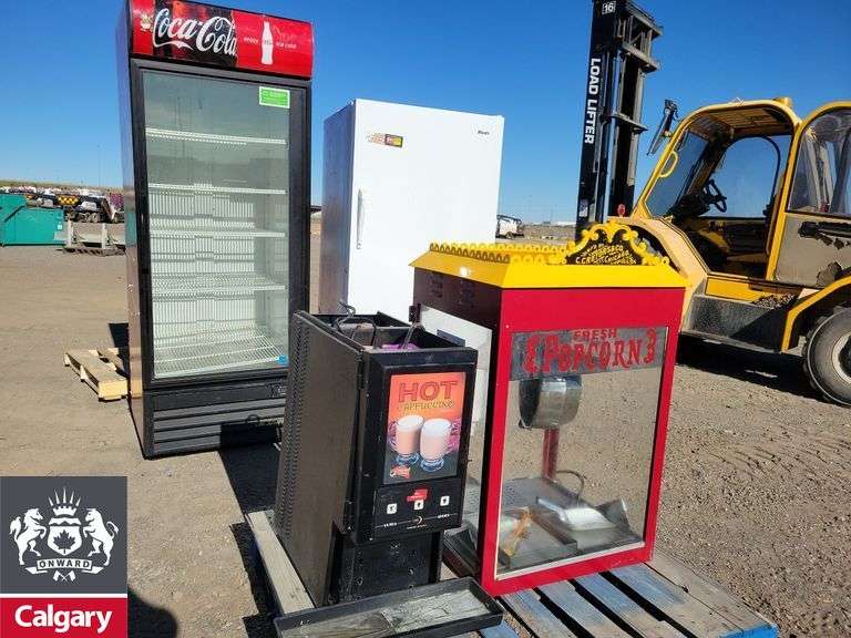 Coca Cola Pop Cooler 77in, White Fridge 66in, Popcorn Machine with Hot ...