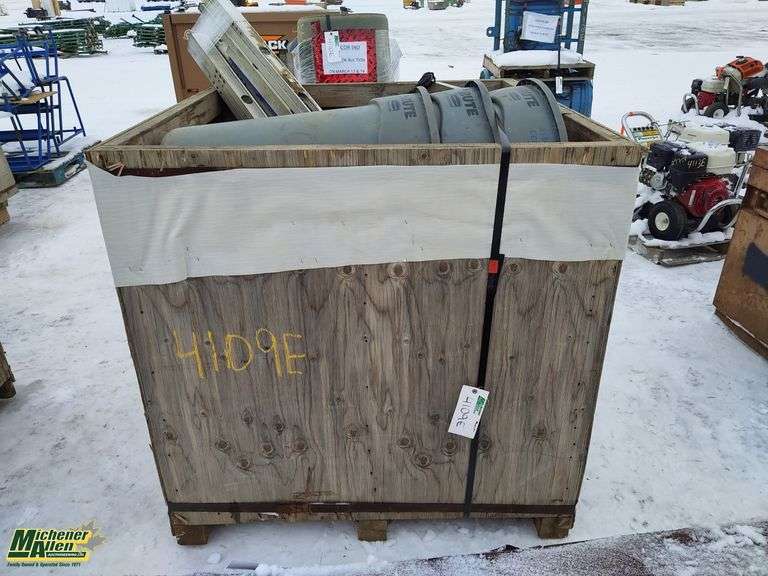 Crate with Pipe Stands, Stanley Levels, Plastic Trash Containers ...